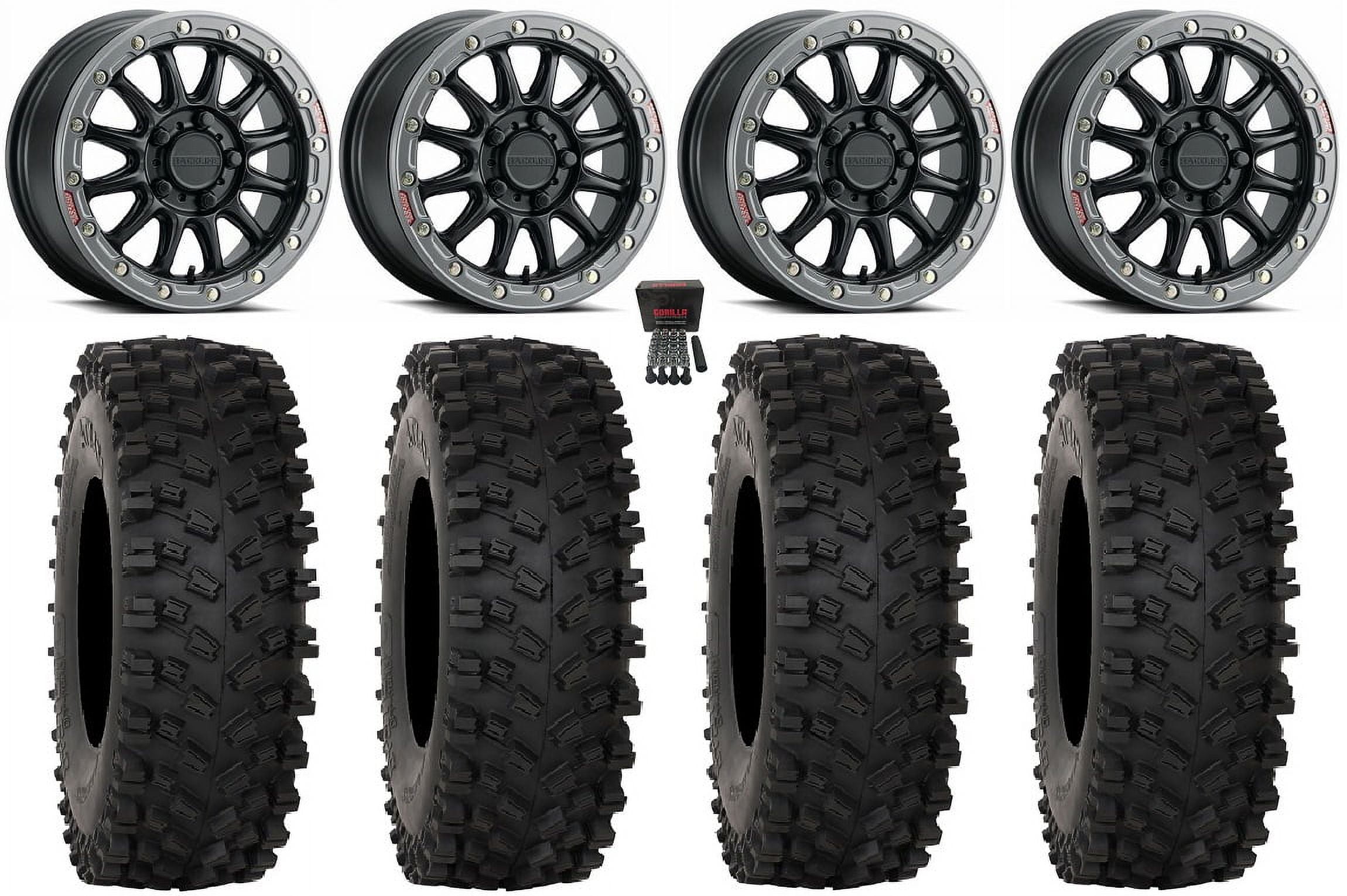 Raceline Alpha 15" Wheels Bk +25mm 32" ATX470 Tires Polaris RZR Turbo R ...
