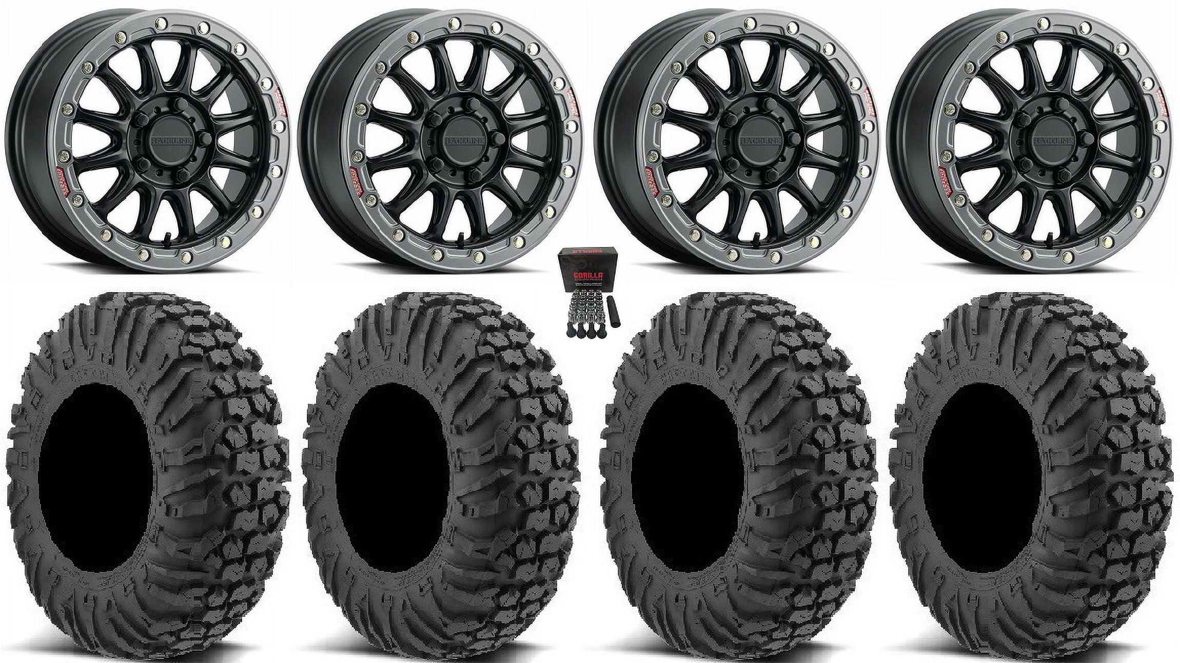 Raceline Alpha 15" Wheels Bk +25mm 34" MotoVator Tires Polaris RZR ...