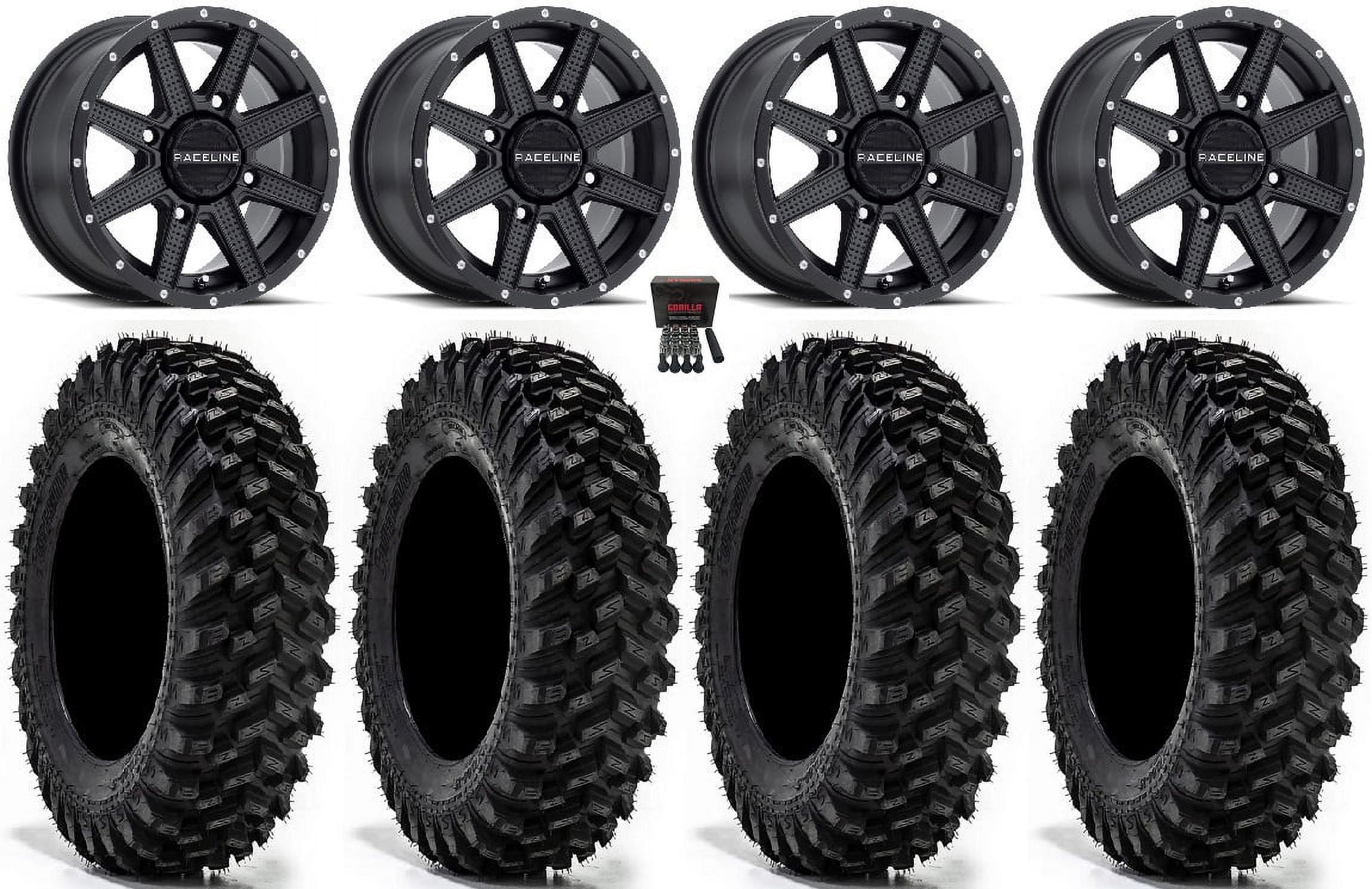 Raceline Hostage 14" Wheels Black 34" Warrior XT Tires Can-Am Commander ...