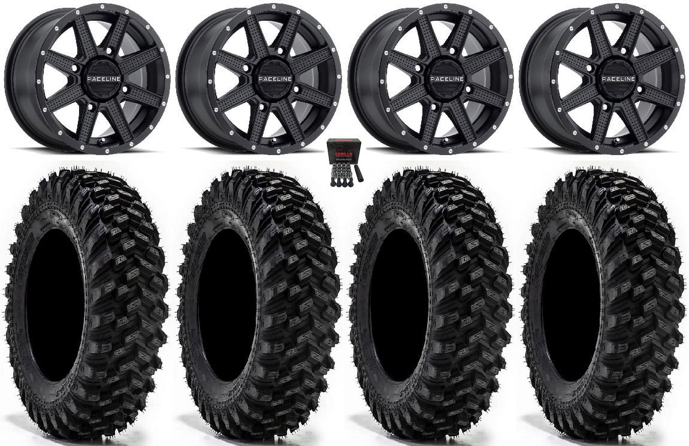 Raceline Hostage 14" Wheels Black 34" Warrior XT Tires Kawasaki Mule ...