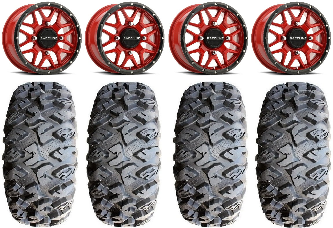Raceline Krank 14" Red Wheels 27" MotoClaw Tires Polaris RZR XP 1000 ...