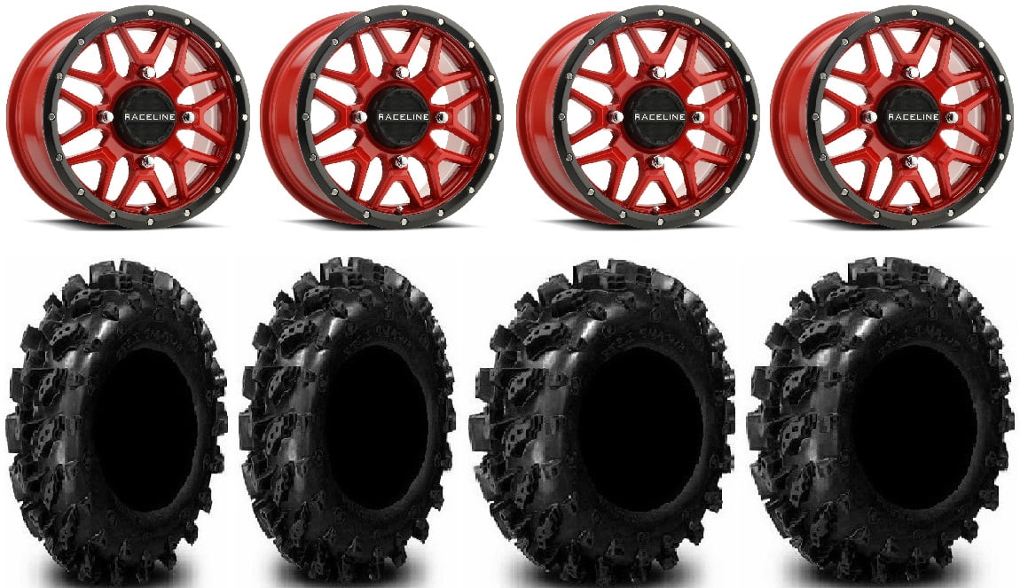 Raceline Krank 14" Red Wheels 27" Swamp Lite Tires Polaris RZR XP 1000 ...