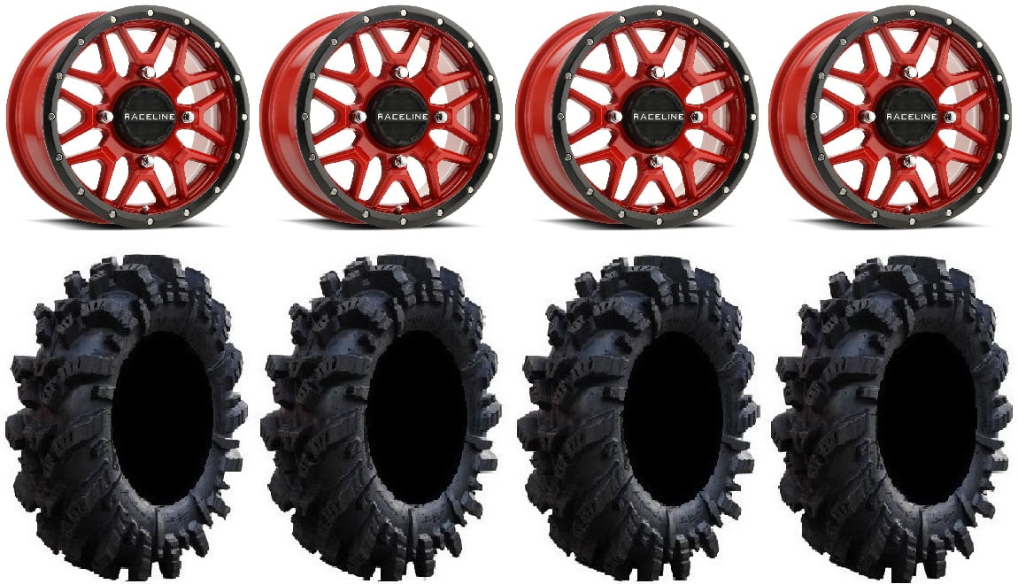 Raceline Krank 14" Red Wheels 28" Intimidator Tires Polaris RZR XP 1000 ...