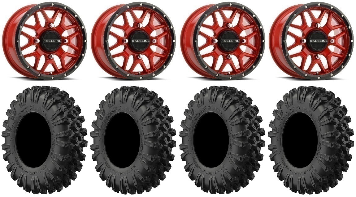 Raceline Krank 14" Red Wheels 28" MotoRavage XL Tires Can-Am Commander ...