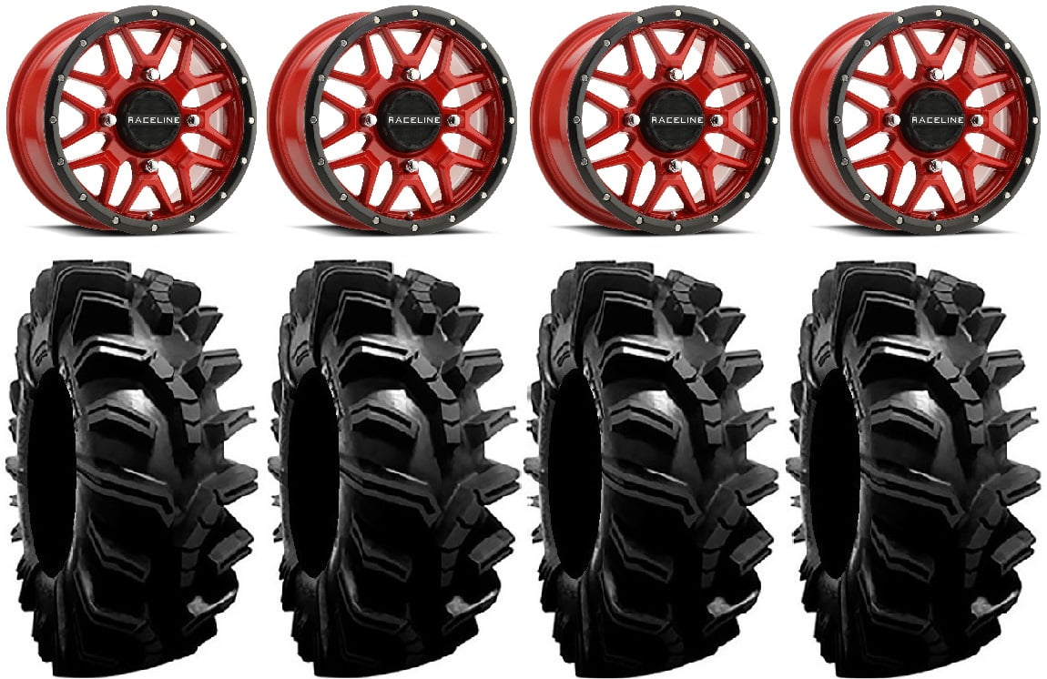 Raceline Krank 14" Red Wheels 32" BogMax Tires Sportsman RZR Ranger ...