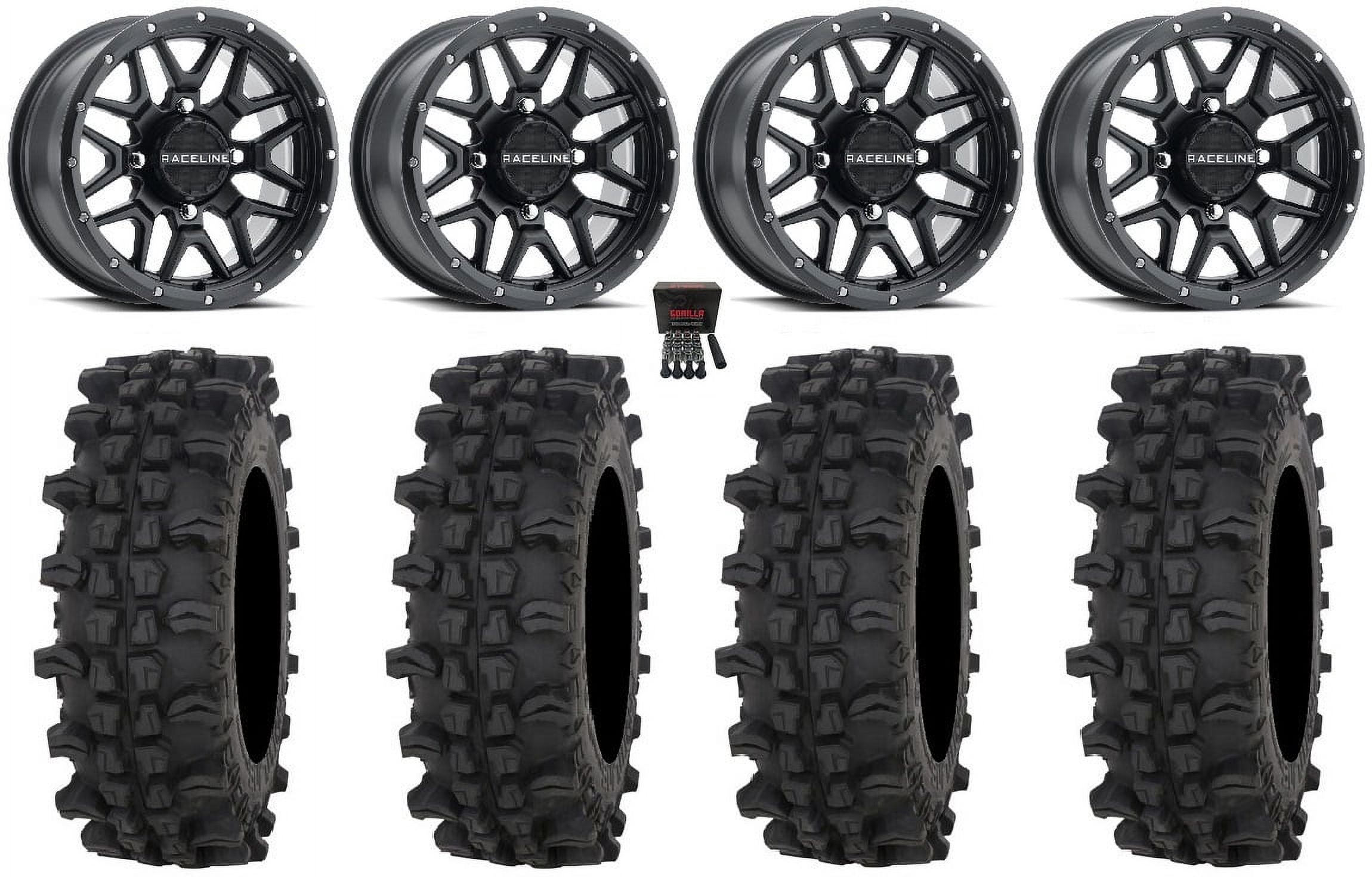 Raceline Krank 14" Wheels Black +38mm 30" ACP Tires Kawasaki Mule Pro ...