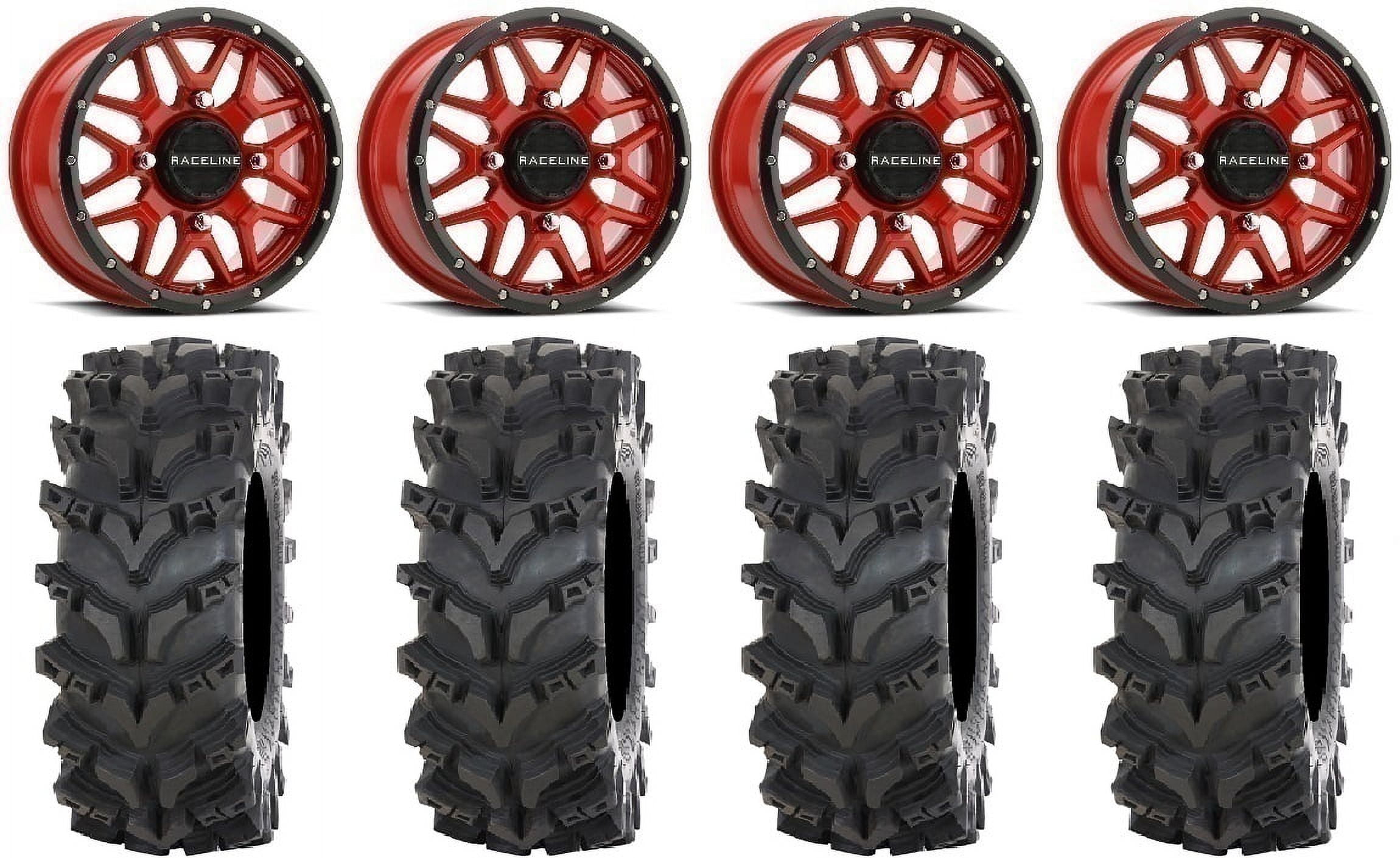 Raceline Krank 14" Wheels Red 32" Out&Back Max Tires Can-Am Maverick X3 ...