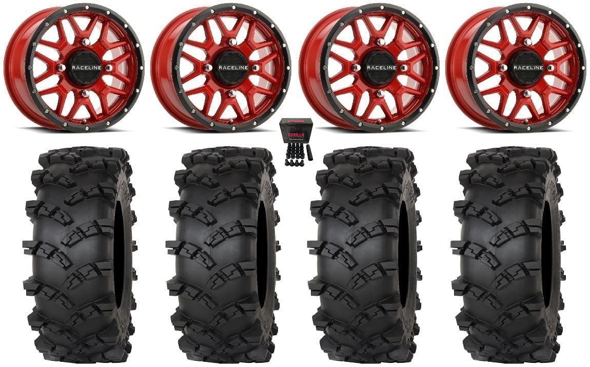 Raceline Krank 14" Wheels Red 32" Outlaw M/T Tires Polaris RZR XP 1000 ...
