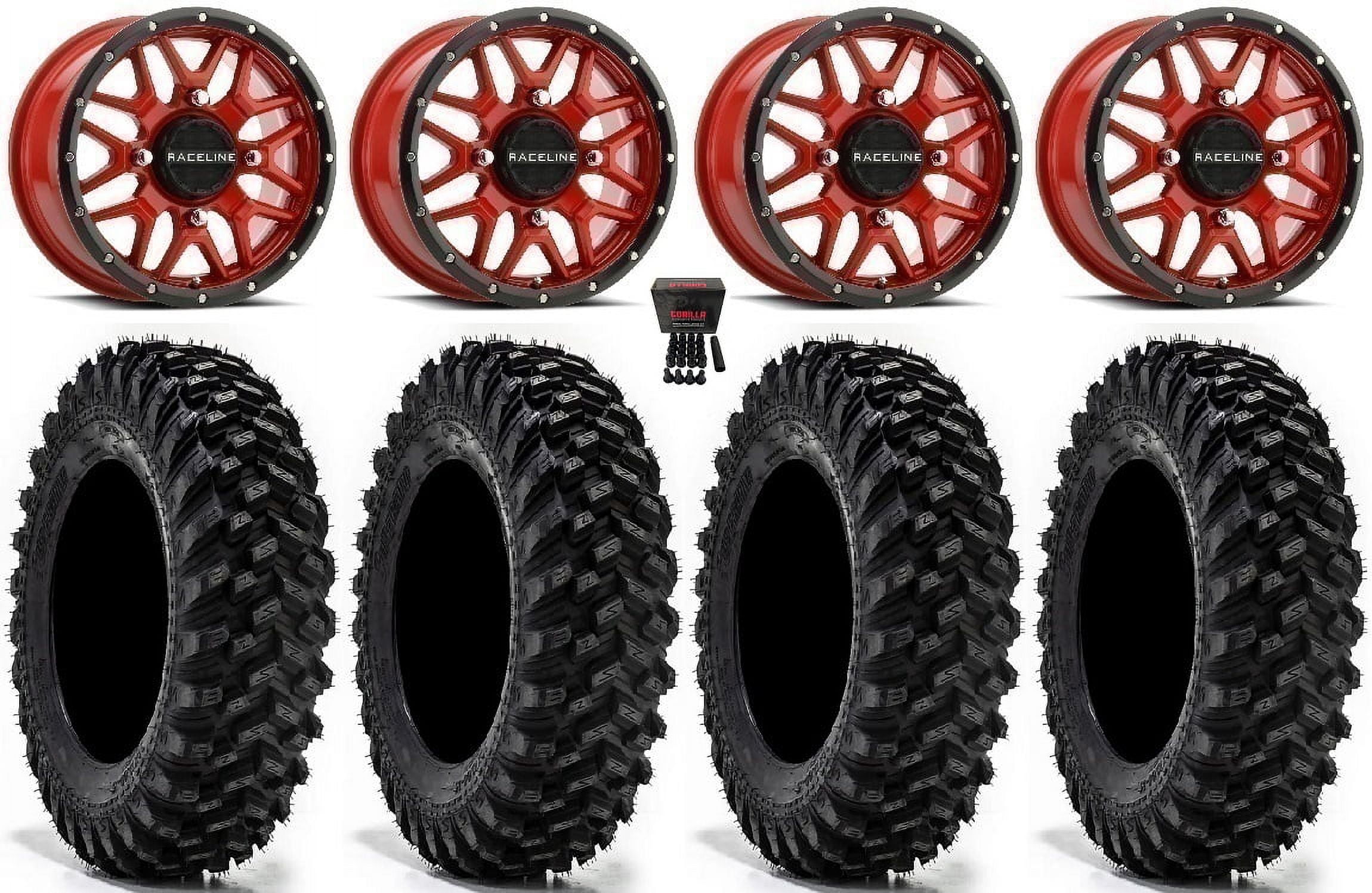Raceline Krank 14" Wheels Red 34" Warrior XT Tires Polaris RZR XP 1000 ...