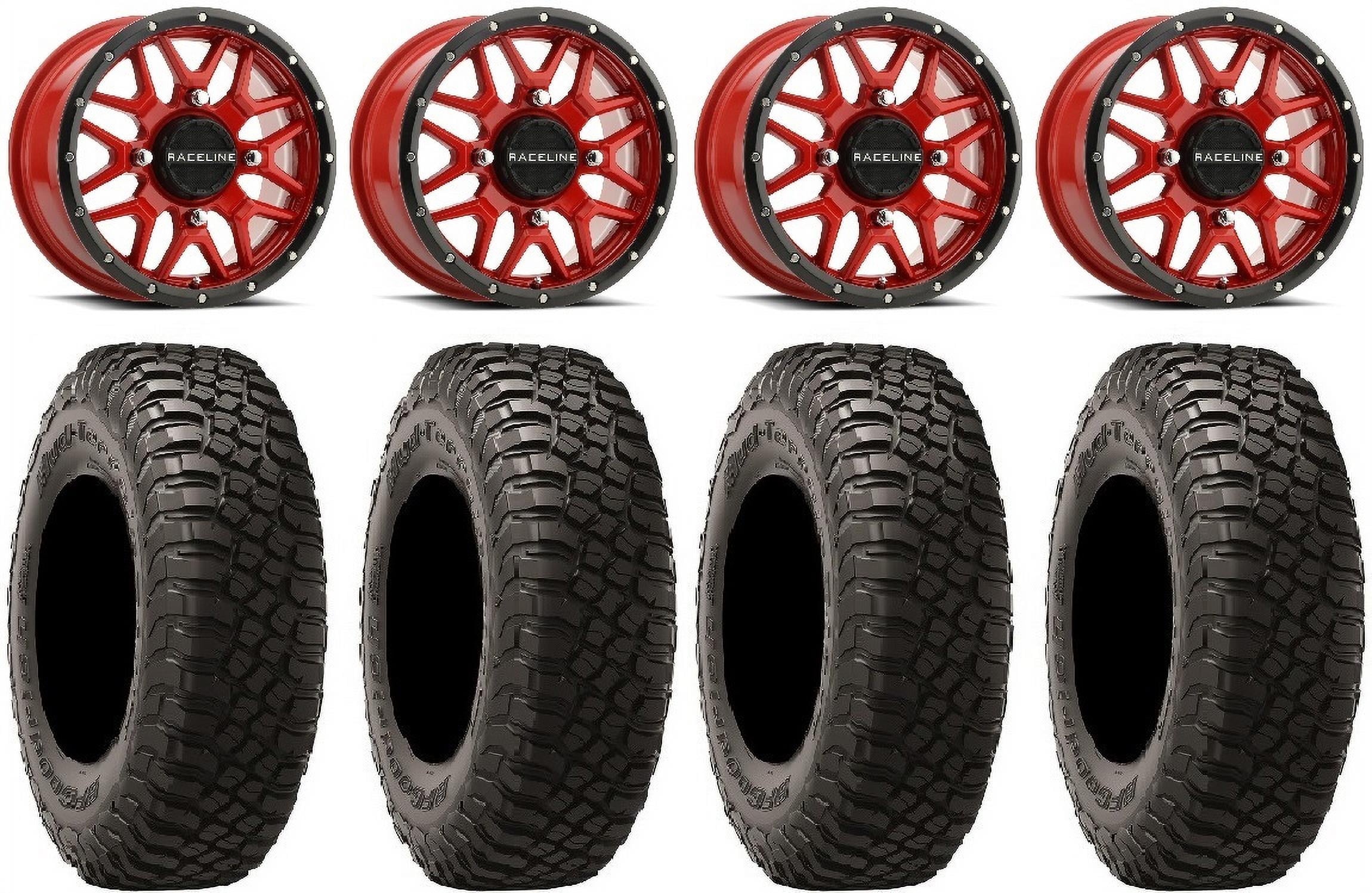 Raceline Krank 14" Wheels Red +38mm 28" BFG KM3 Tires Polaris RZR XP ...