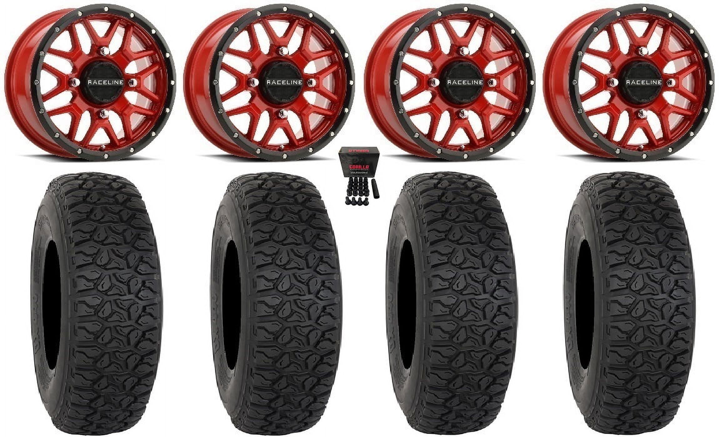 Raceline Krank 15" Wheels Red 35" DX440 Tires Can-Am Commander Maverick ...