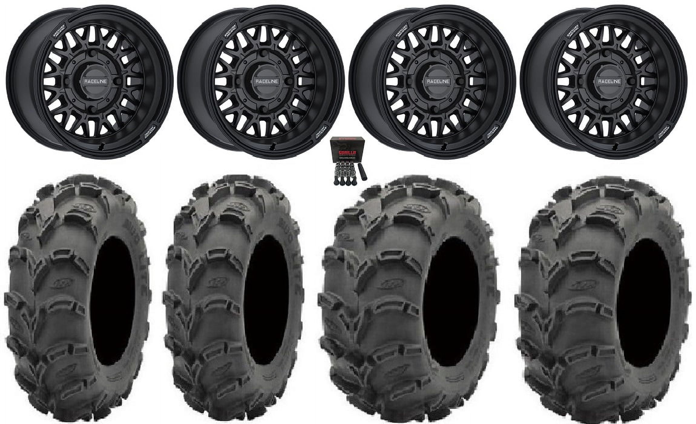 Raceline Omega 14" Wheels Black 28" Mud Lite XL Tires Sportsman 550 850 ...