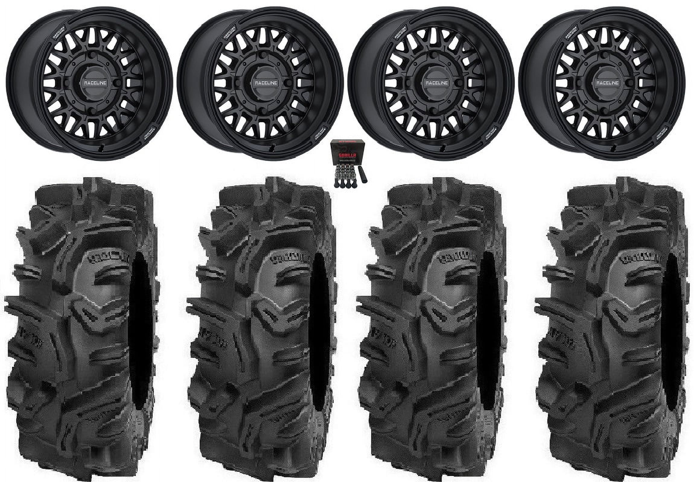 Raceline Omega 14" Wheels Black 28" Mudda Inlaw Tires Can-Am Maverick X3 / Honda Pioneer 1000 ...