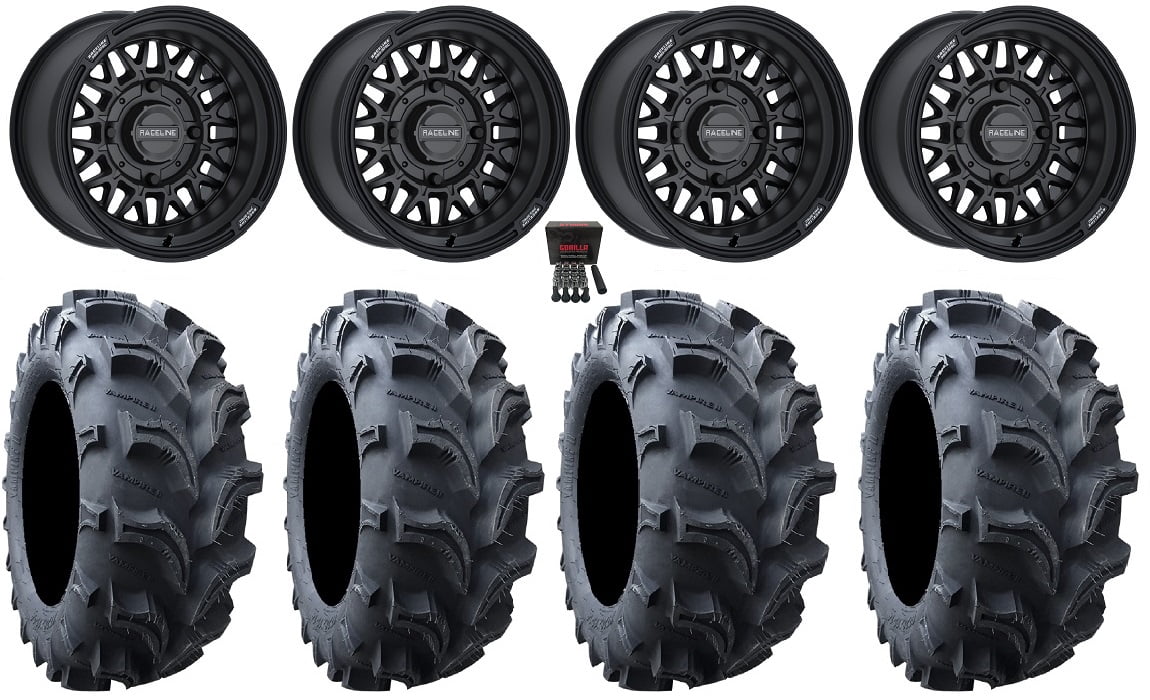 Raceline Omega 14" Wheels Black 28" Vampire II Tires Kawasaki Mule Pro ...