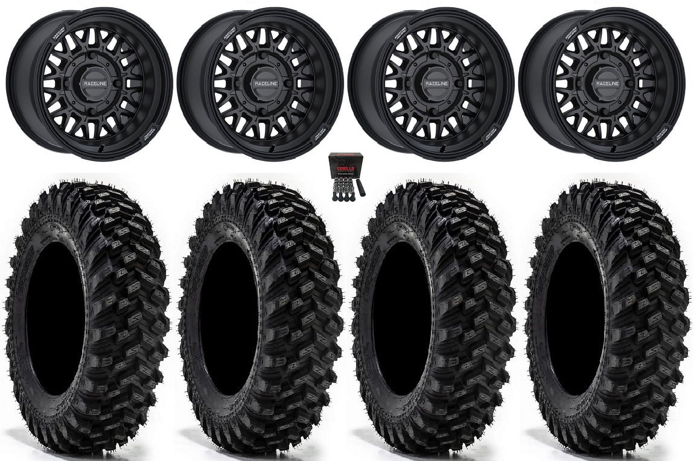Raceline Omega 14" Wheels Black 32" Warrior XT Tires Can-Am Maverick X3 ...