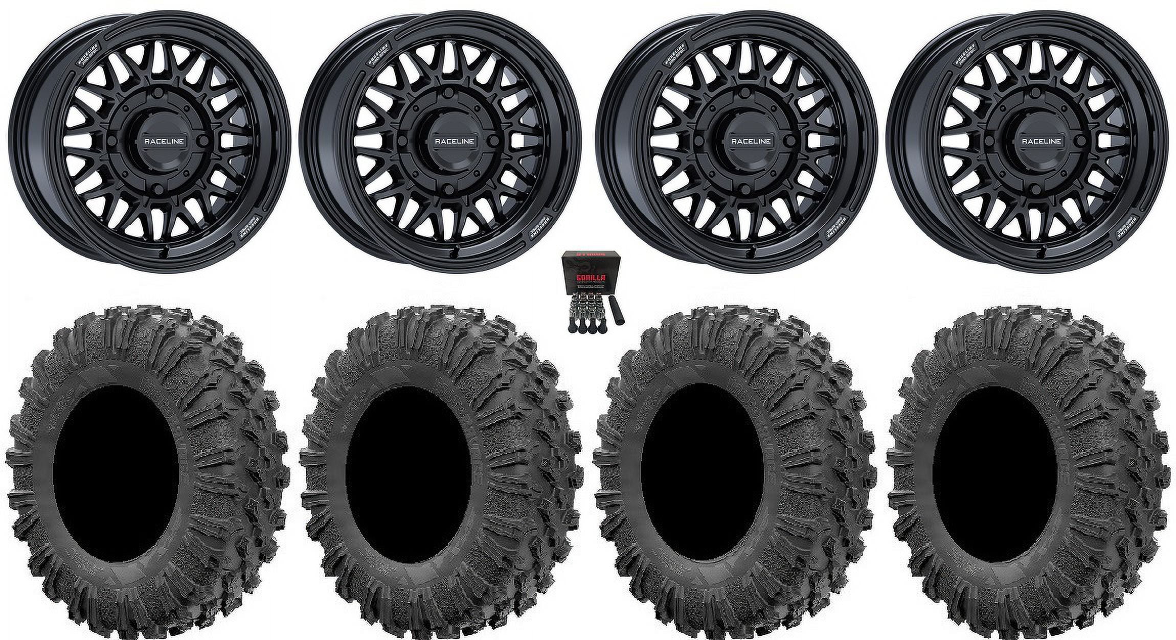 Raceline Omega 15" Wheels Gloss Black 30" MotoRavage Tires Polaris RZR ...