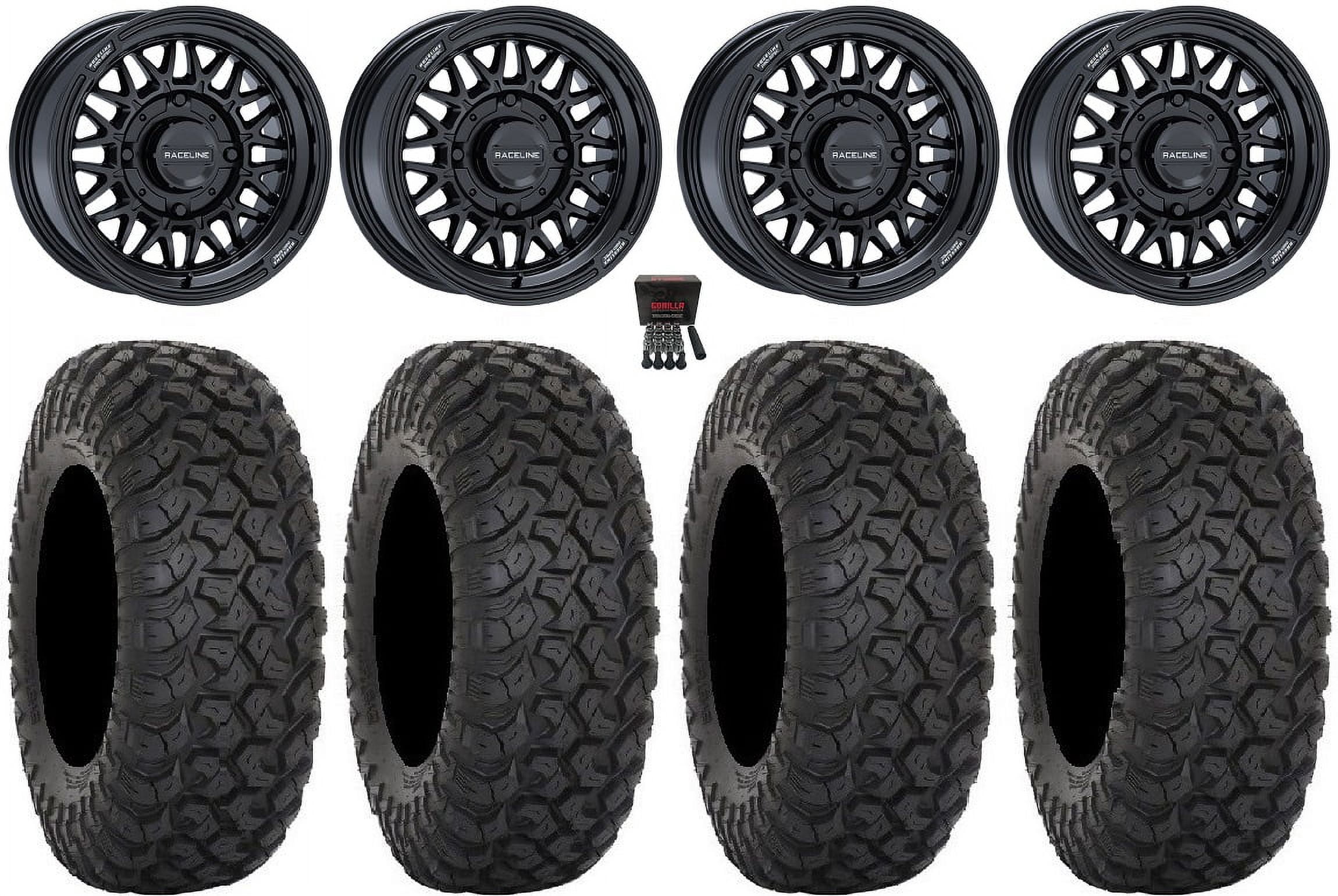 Raceline Omega 15" Wheels Gloss Black 32" RT320 Tires Can-Am Maverick X3 / Honda Pioneer 1000 ...