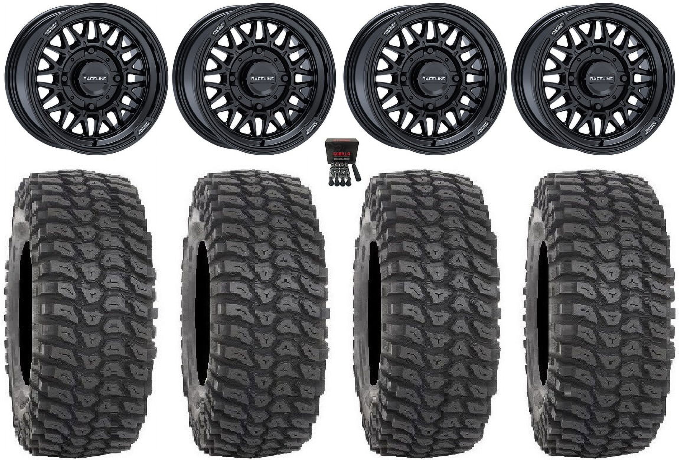 Raceline Omega 15" Wheels Gloss Black 33" XCR350 Tires Can-Am Commander ...
