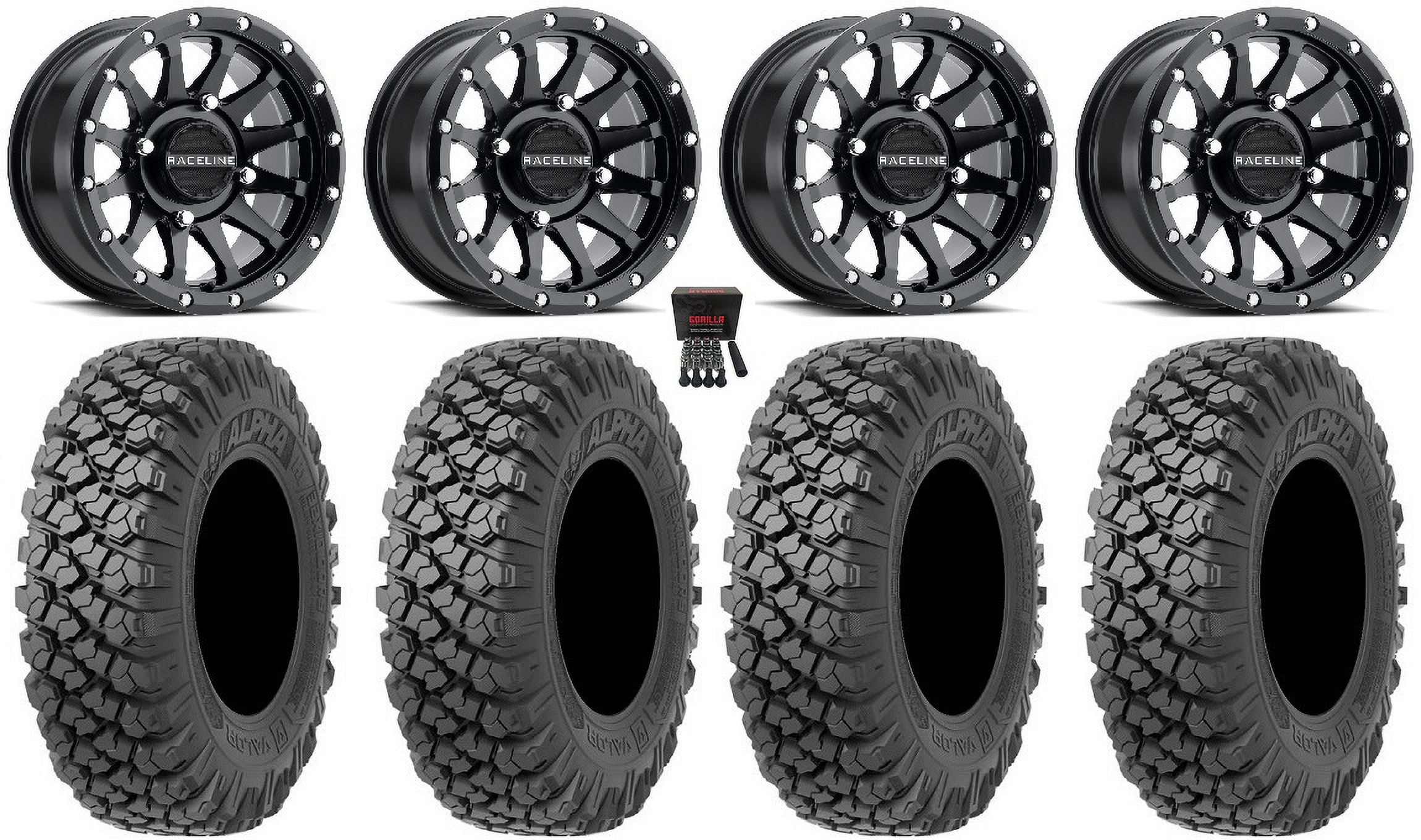 Raceline Trophy 14" Wheels Black +38mm 30" Alpha Tires Can-Am Commander ...