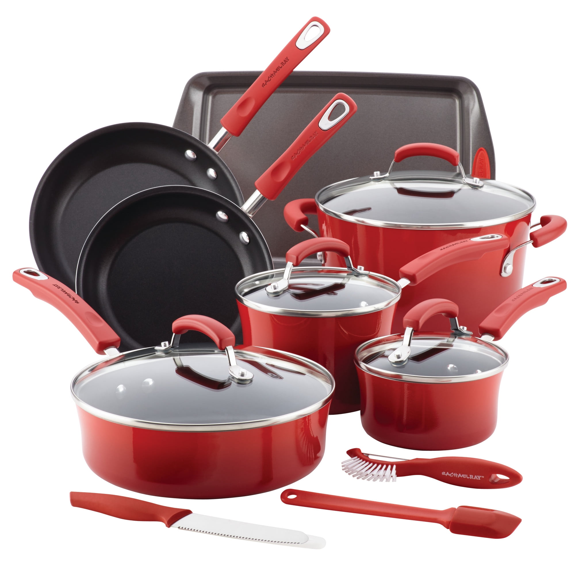Rachael Ray Home Kitchen Nonstick 14-Piece Pots and Pans Set, Red ...