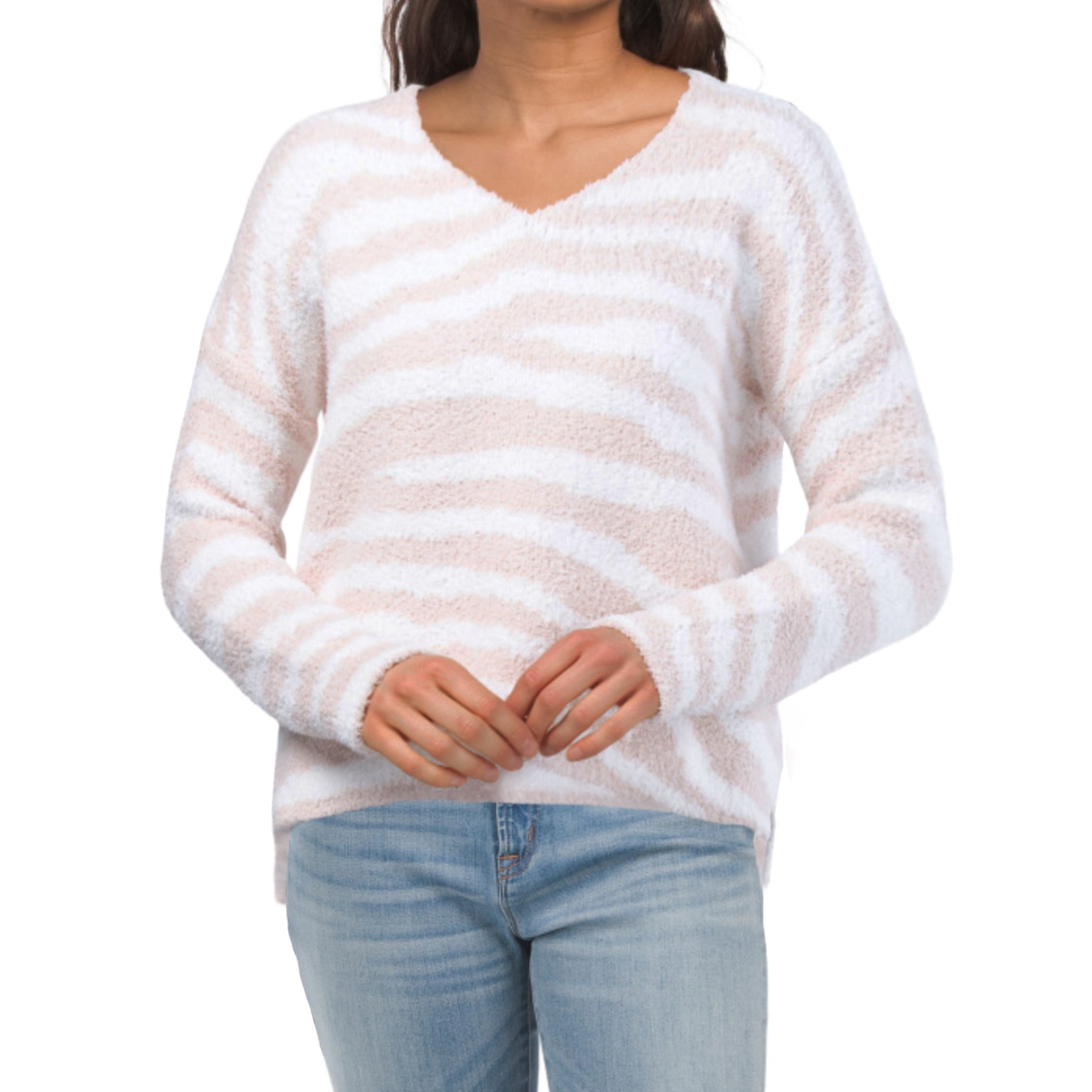 Rachel Zoe Women's V-Neck Hi-Low Hem Fuzzy Knit Zebra Print Cozy ...
