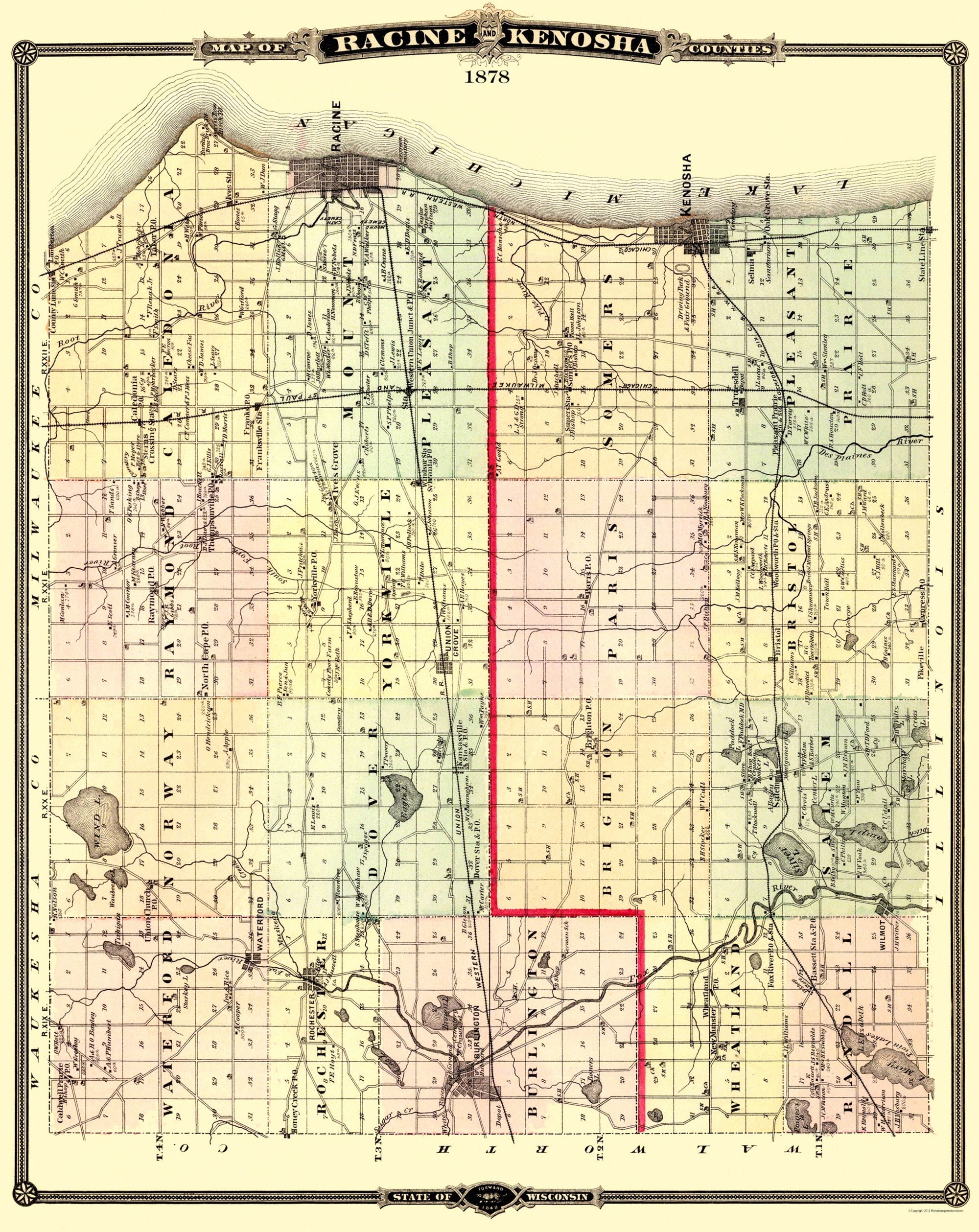 Historic County Map - Racine Kenosha Counties Wisconsin - Snyder 1878 ...