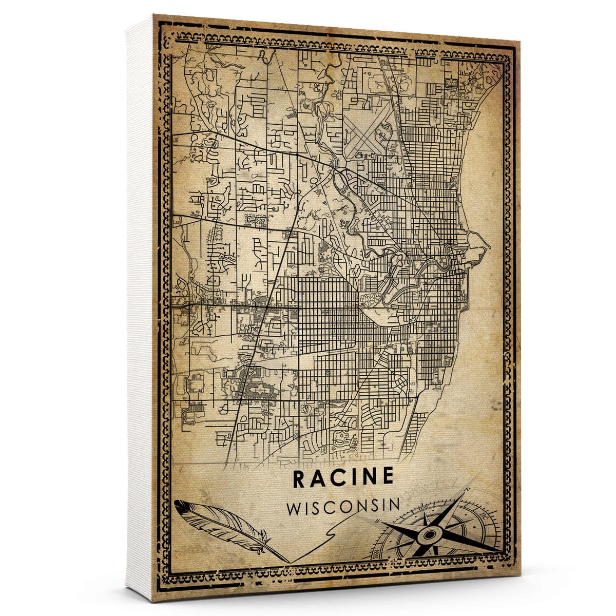Racine Vintage Map Prints Canvas, Wisconsin Map Art Canvas, Canvas, Racine Map City style ...