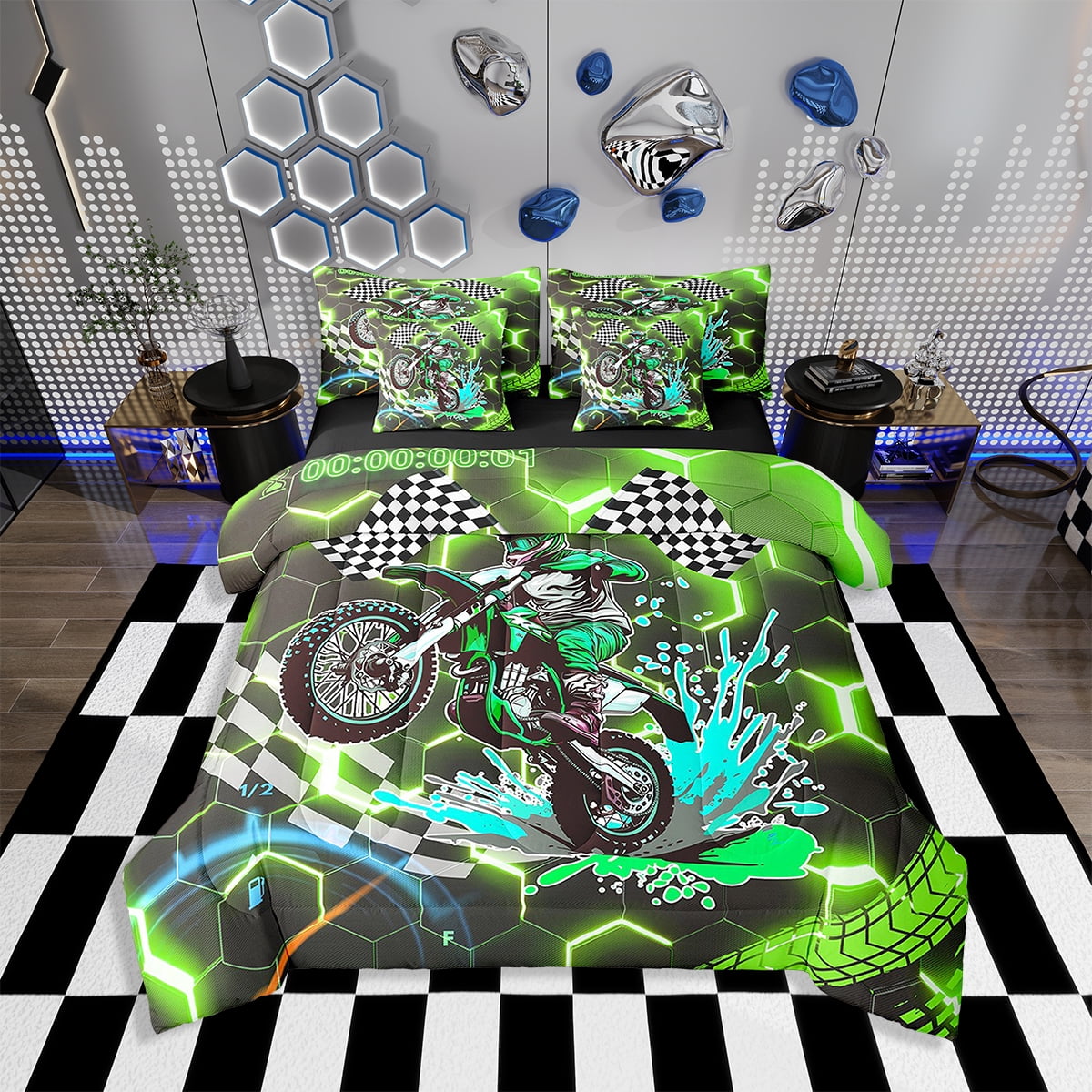 Racing 7 Piece Comforter Set Full Bed in a Bag Green Neon Lights ...