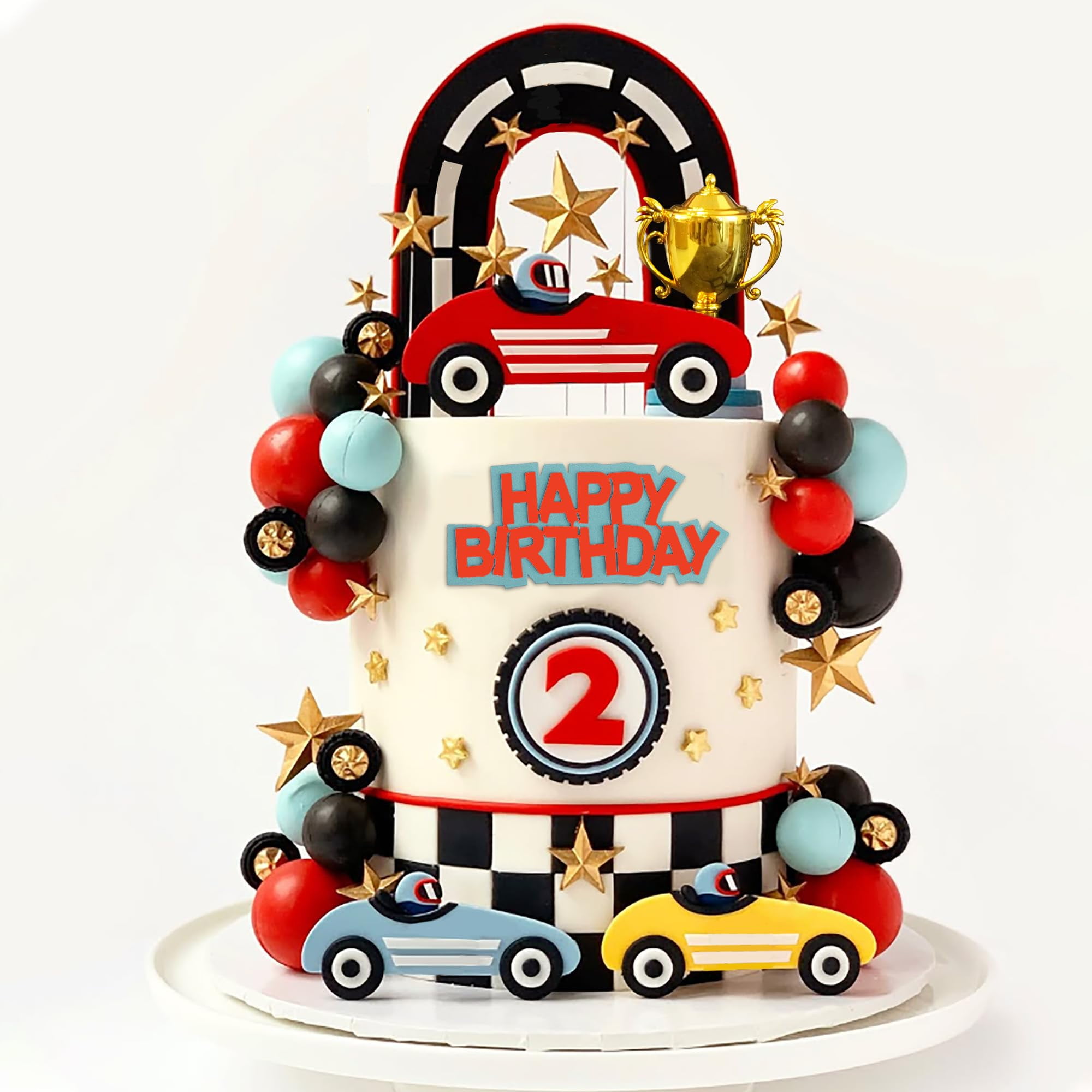 Racing Cake Toppers with Black Red BSL1 Blue Balls Trophy Stars for Racing Birthday Party ...