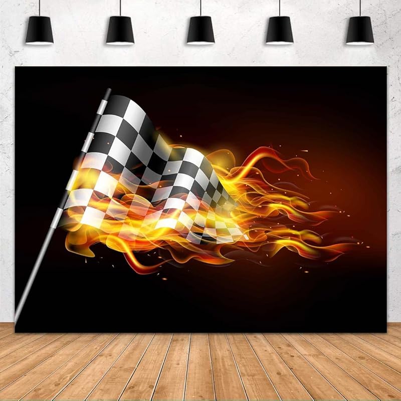 Racing Car Backdrop Flame Black Photography Background Checked Flag ...