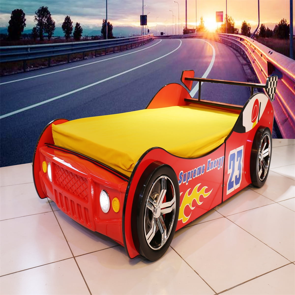 Racing Car Bed with Plastic Big Wheels and Fronthead with Light, Race ...