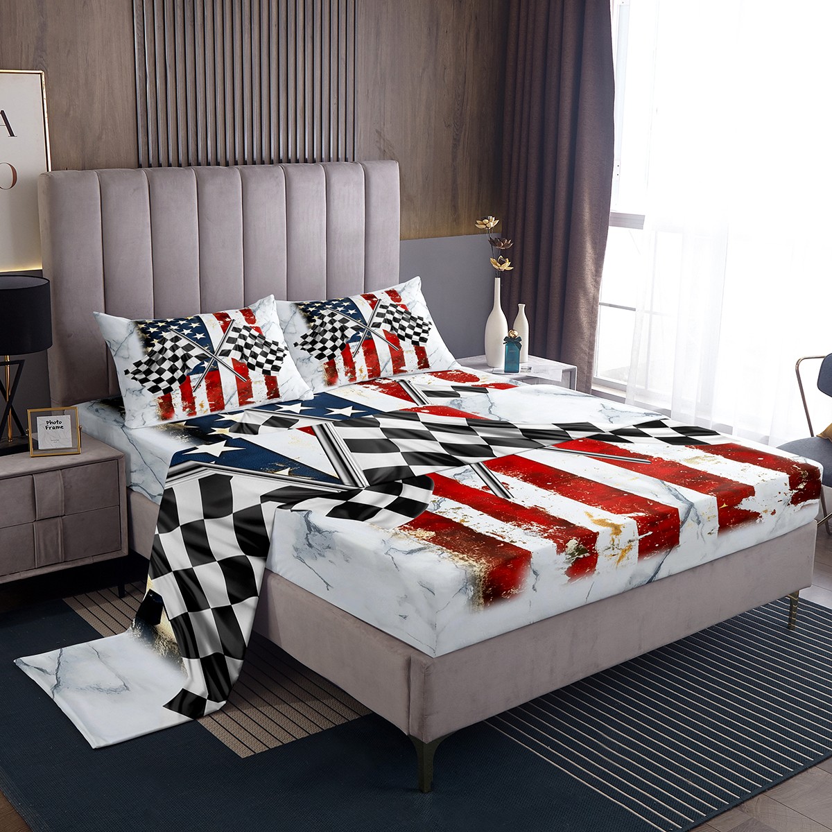 Racing Car Bed Sheet 4 Piece,Vintage American Flag White Marble ...