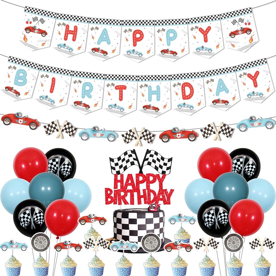 Racing Car Birthday Decoration for Boy, Retro Blue Racing Car Happy ...
