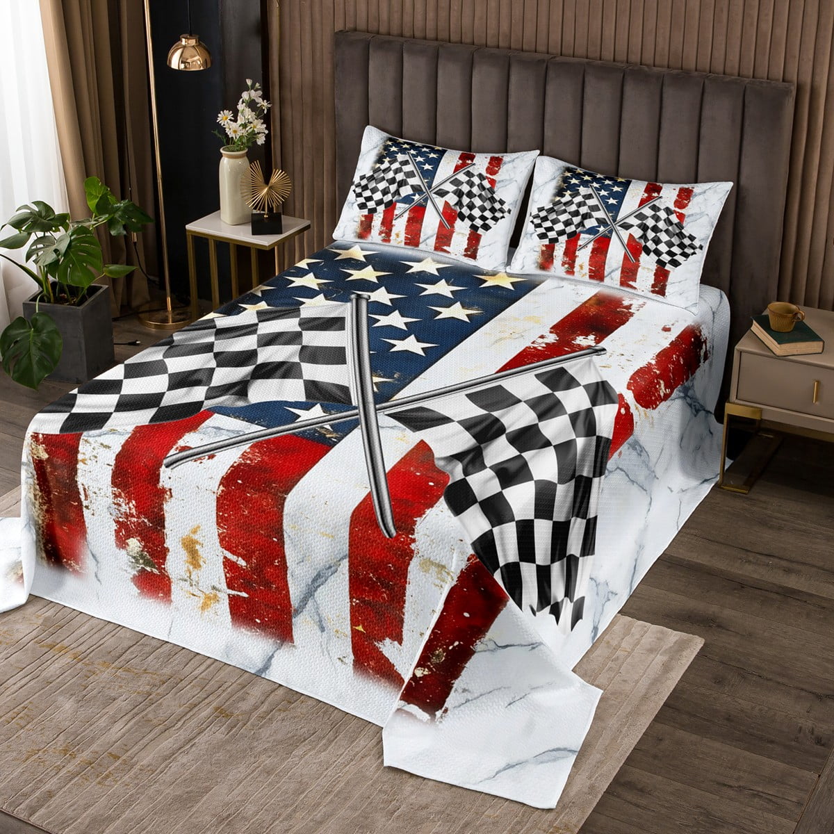 Racing Car Coverlet Set Chic Vintage American Flag White Marble ...
