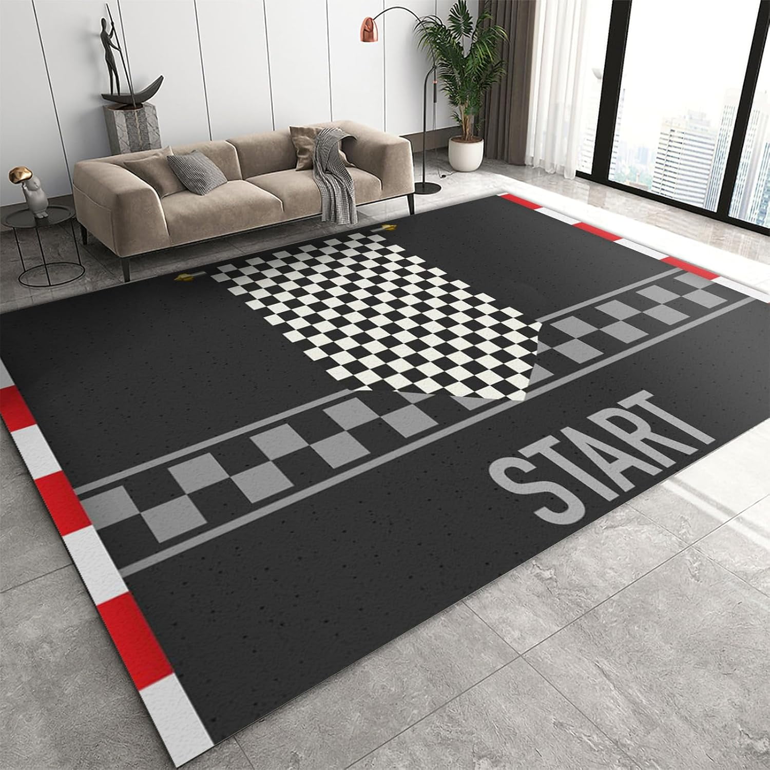 Racing Car Grey Rug, Checkered Racing Flag Non Slip Rectangle Rugs ...