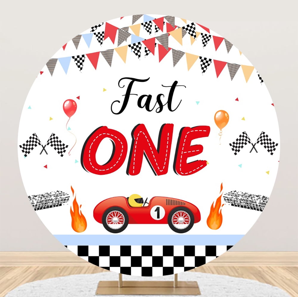 Racing Car Round Backdrop Cover Black White Grid Flag Boys Birthday ...