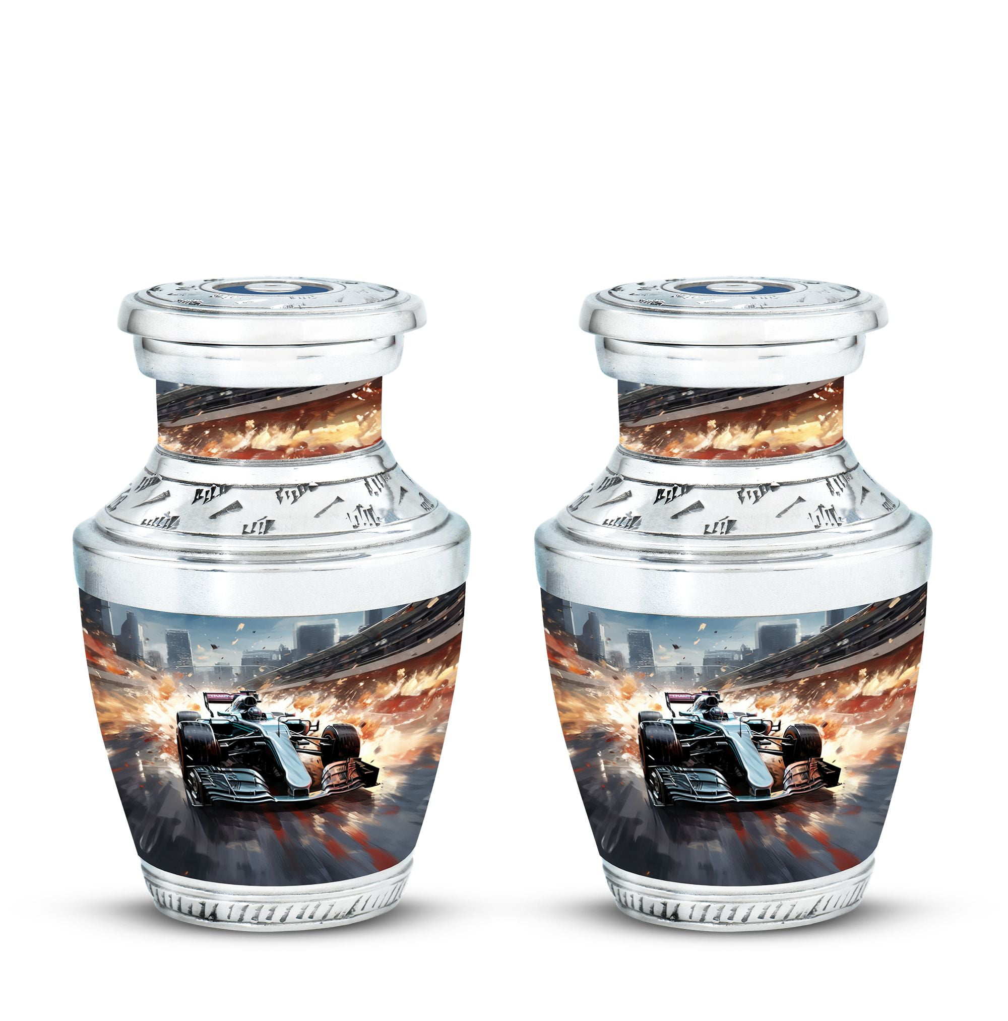 Racing Car Speeding Through the City Compact Mini Keepsake Urns for ...