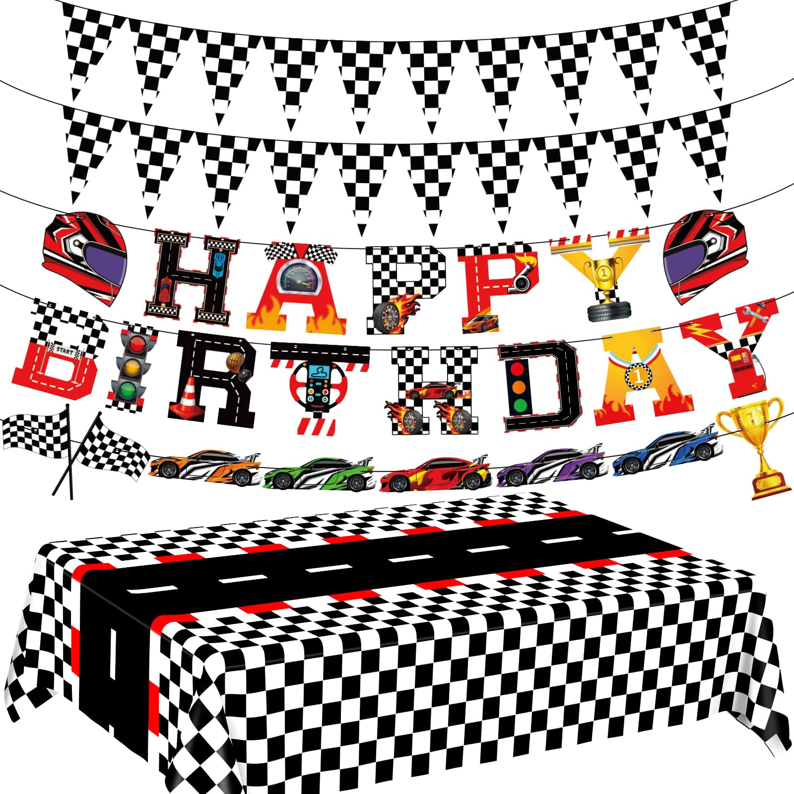 Racing Car Theme Tablecloths Happy Birthday Banner Racetrack ...