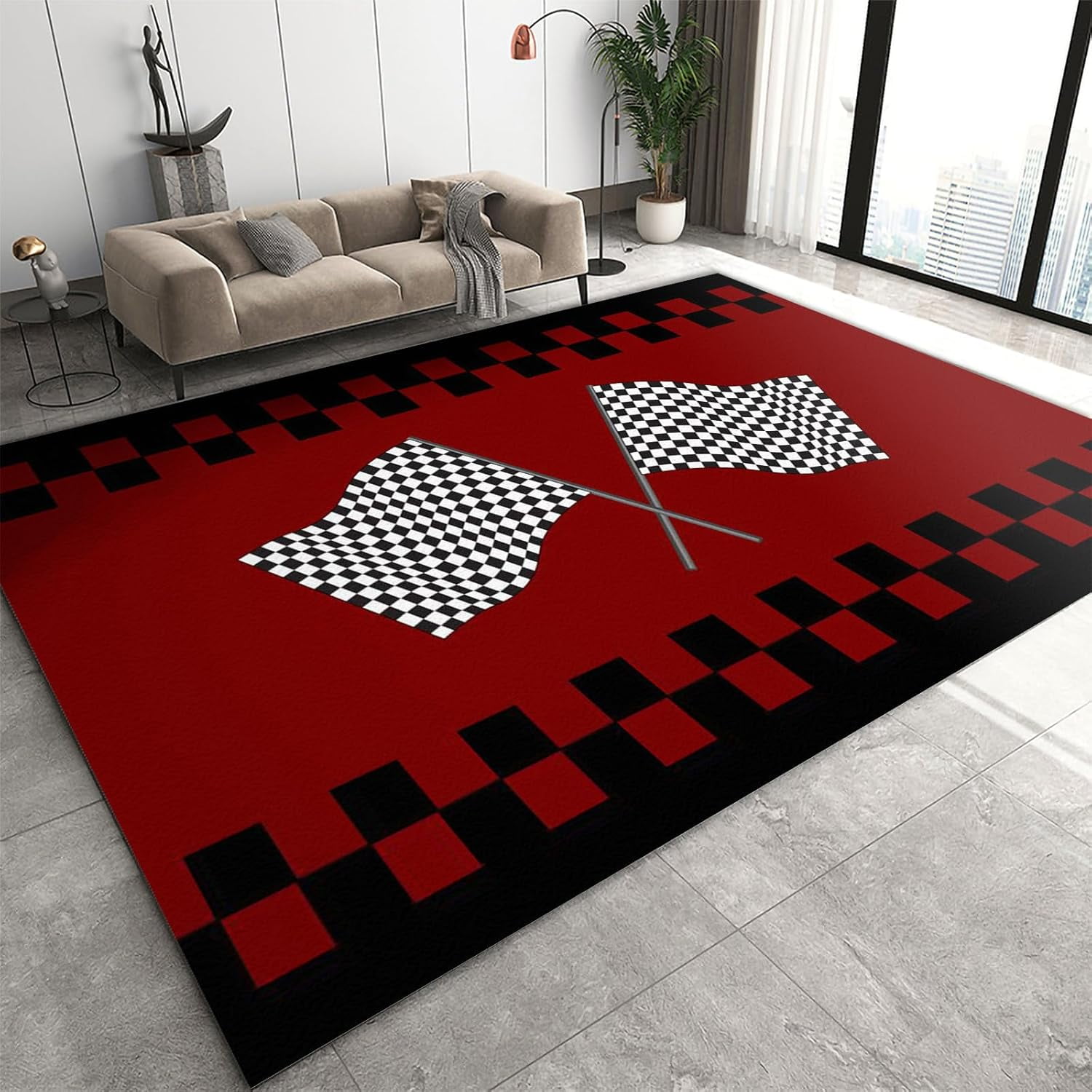 Racing Car Track Red Rug, Black White Flag Plaid Non Slip Rectangle ...