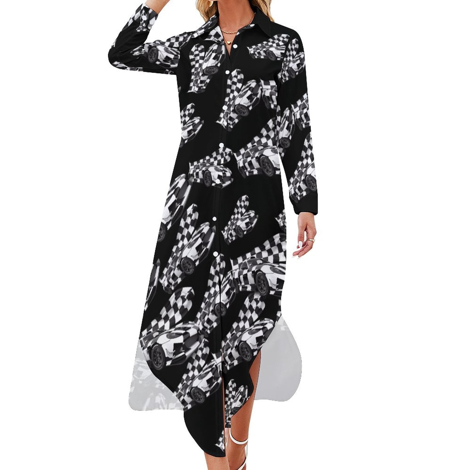 Racing Car White And Black Checked Flag Women's Maxi T Shirt Dress Long ...