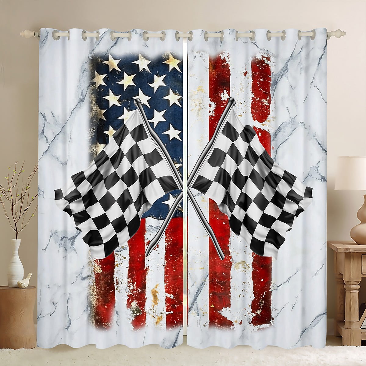 Racing Car Window Curtain Set of 2 Panels,Vintage American Flag White ...