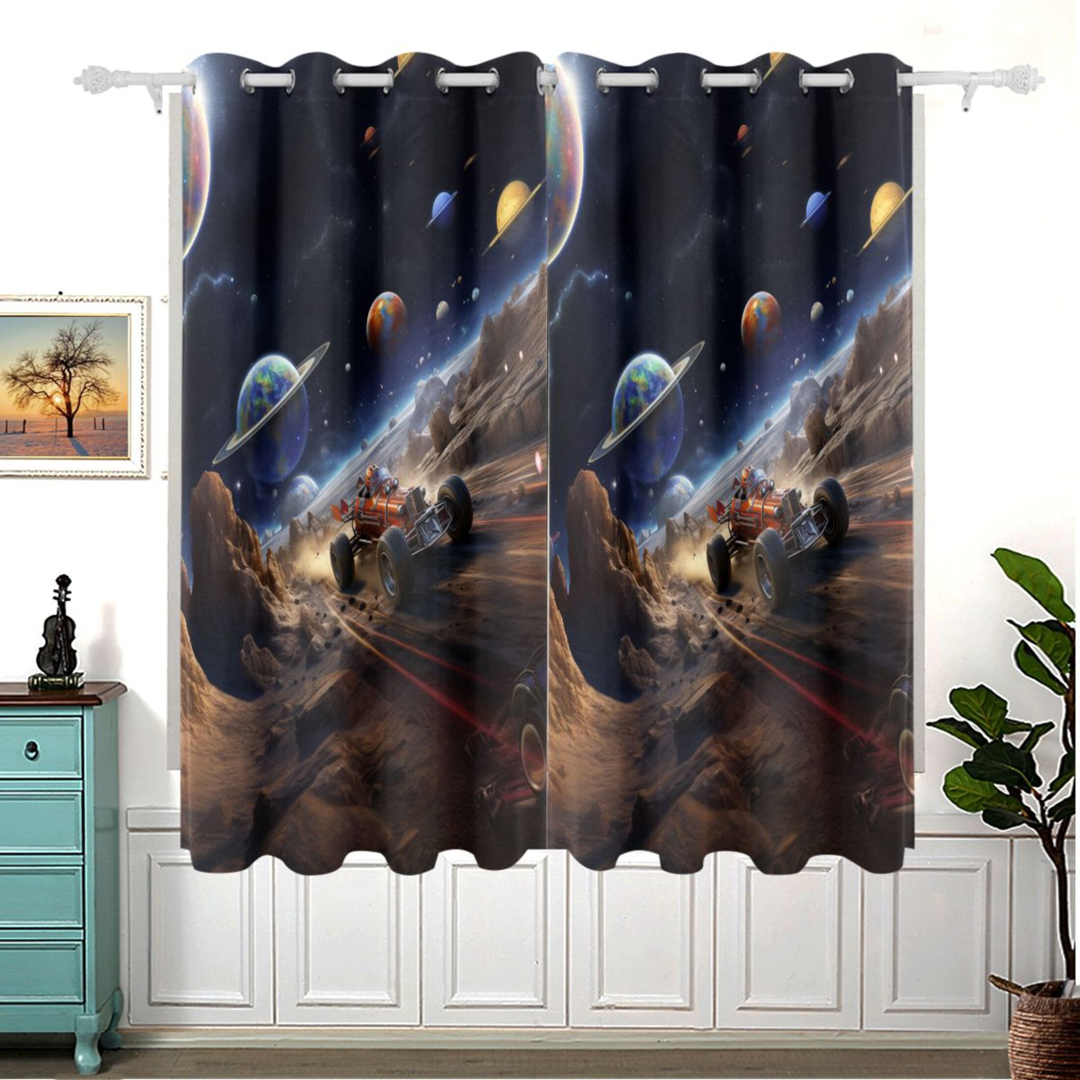 Racing Car on Planet Blackout Curtains for Bedroom 63x55 in 2 Panels ...