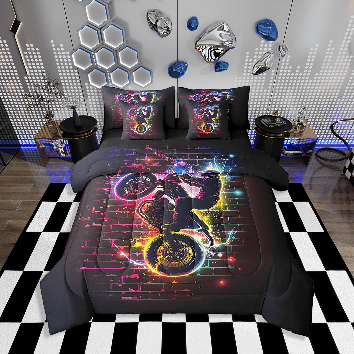 Racing Motorcycle 7 Piece Comforter Set Full Bed in a Bag,Motocross ...