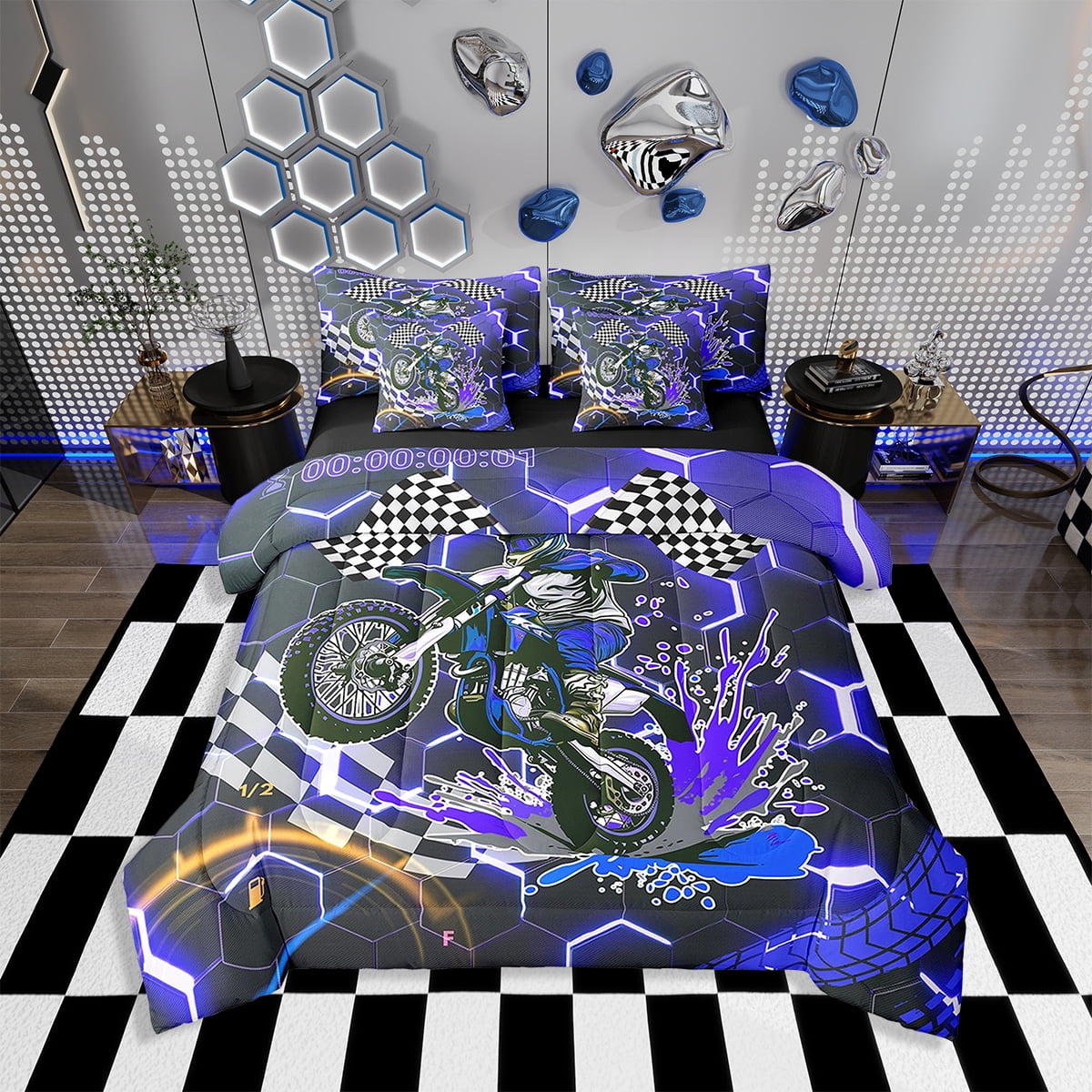 Racing Motorcycle Bedding Sets,Blue Neon Lights Honeycomb Comforter Set ...