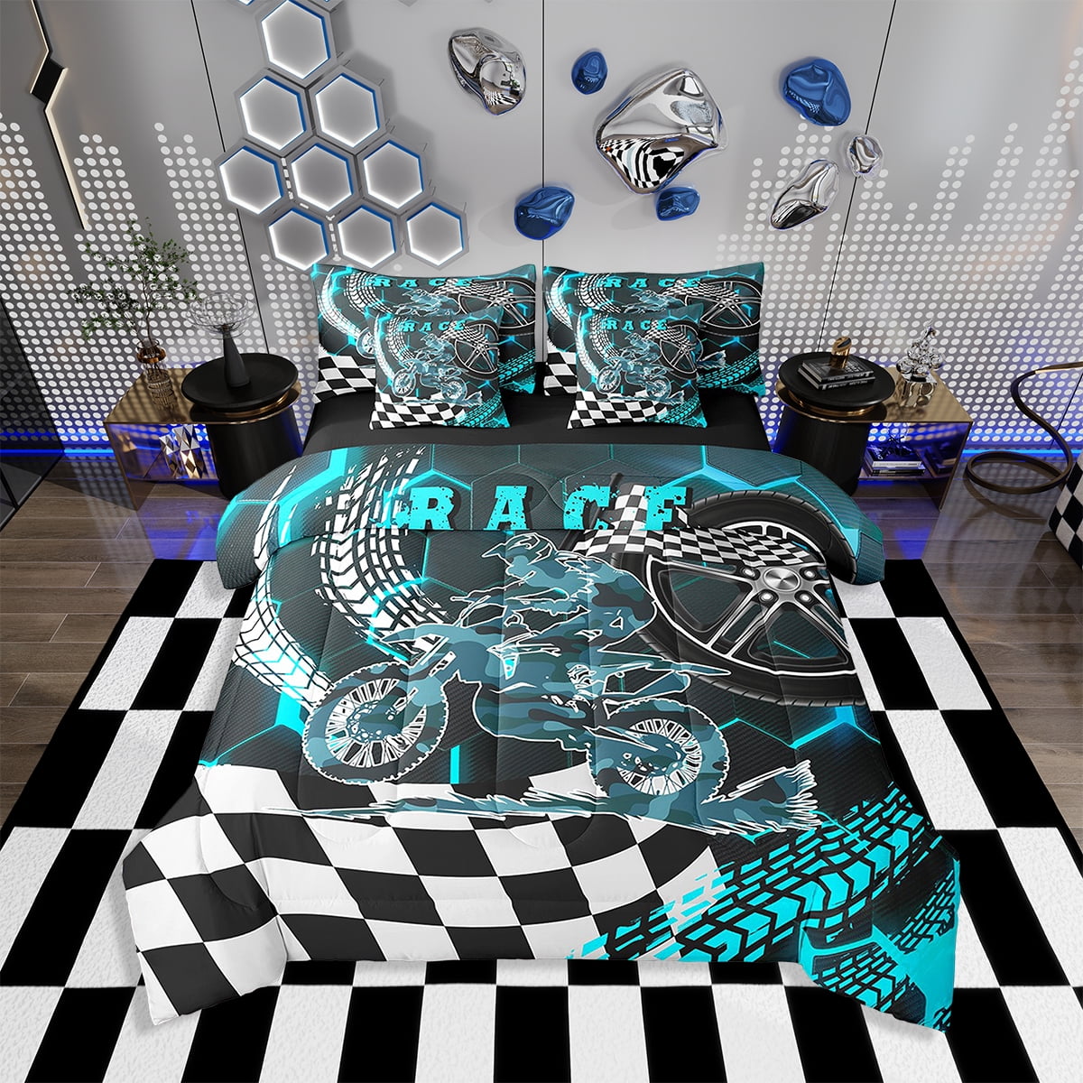 Racing Motorcycle Bedding Sets ,Cyan Neon Lights Honeycomb Comforter ...