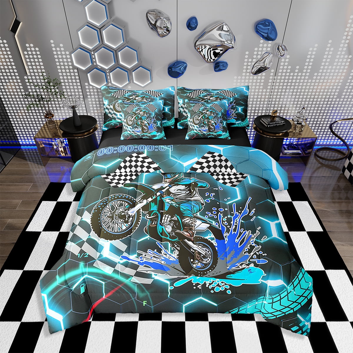 Racing Motorcycle Bedding Sets for Boys,Teal Neon Lights Honeycomb ...