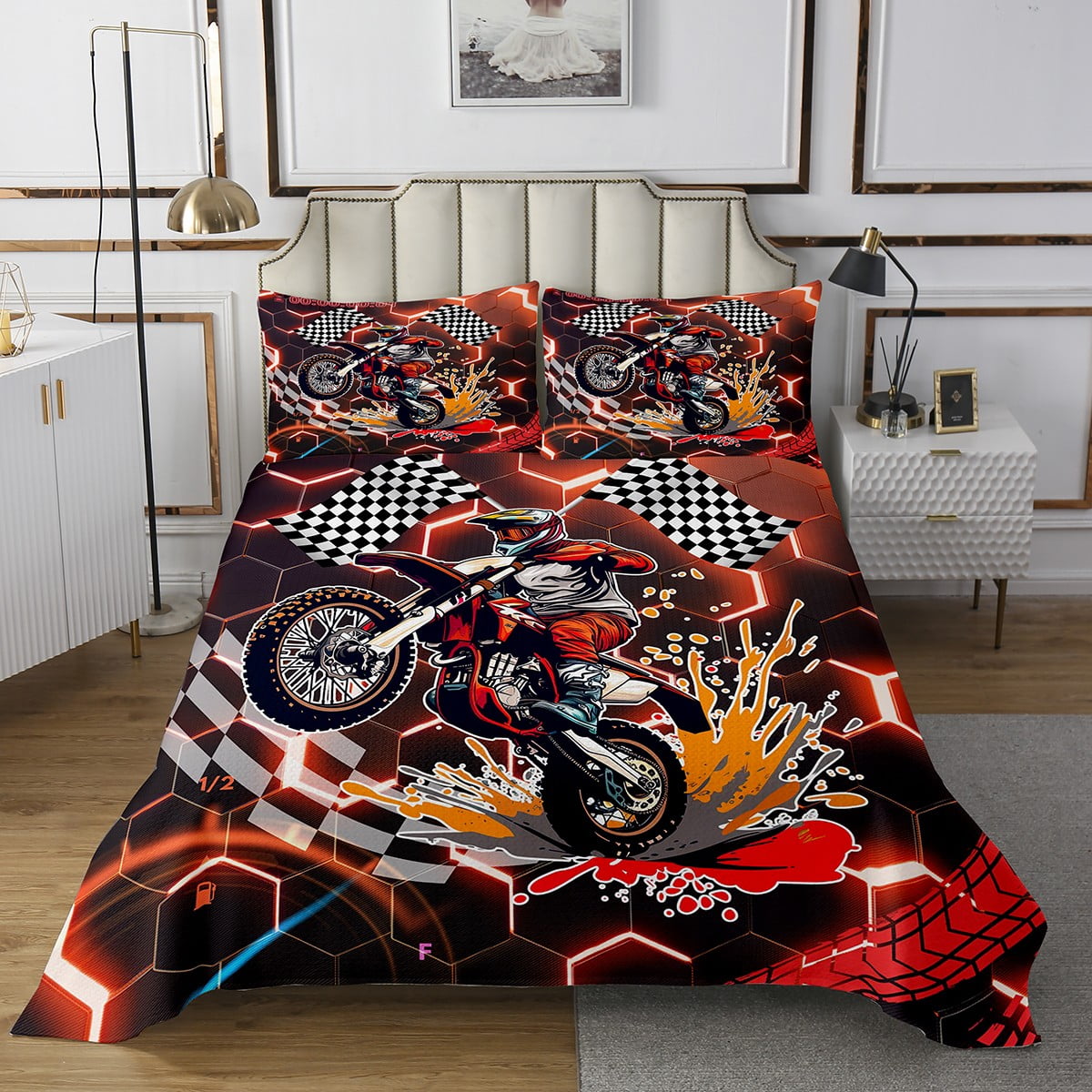 Racing Motorcycle Bedspread Set,Orange Neon Lights Honeycomb Quilt Set ...