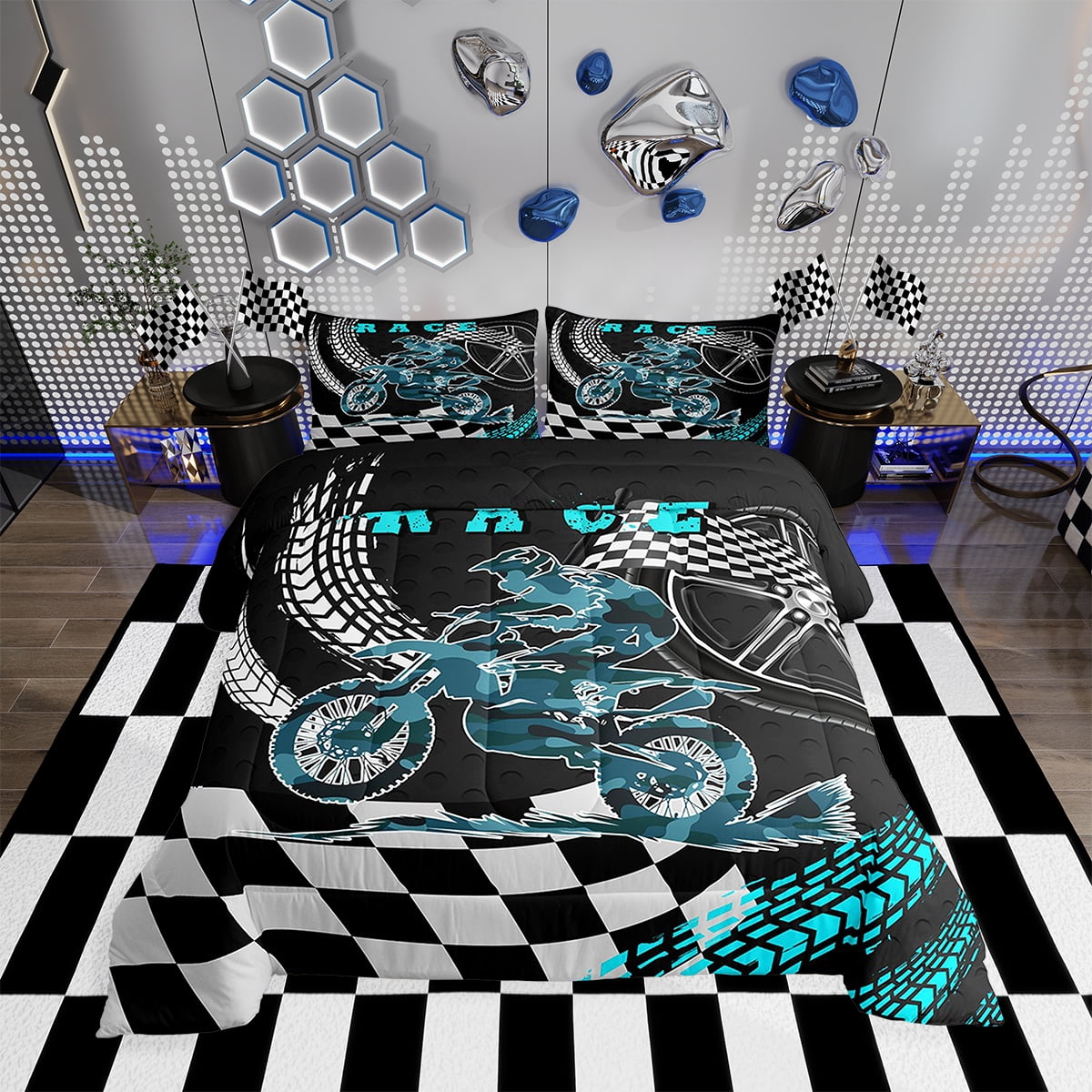 Racing Motorcycle Comforter Set Dirt Bike Motocross Rider Queen Bedding ...