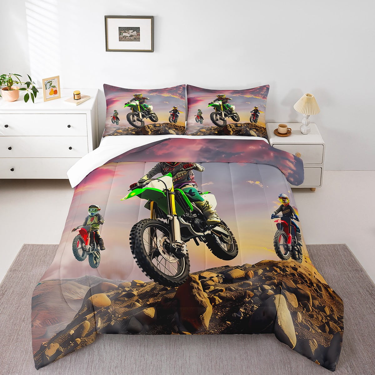 Racing Motorcycle Comforter Set Motocross Rider Toddler Bedding Sets ...