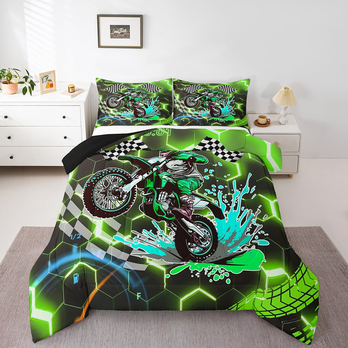 Racing Motorcycle Comforter Set Queen Green Neon Lights Honeycomb ...